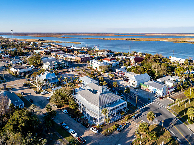 Apalachicola's historic district unfolds like a watercolor painting, where Victorian architecture meets coastal charm in this aerial view of Florida's forgotten treasure.