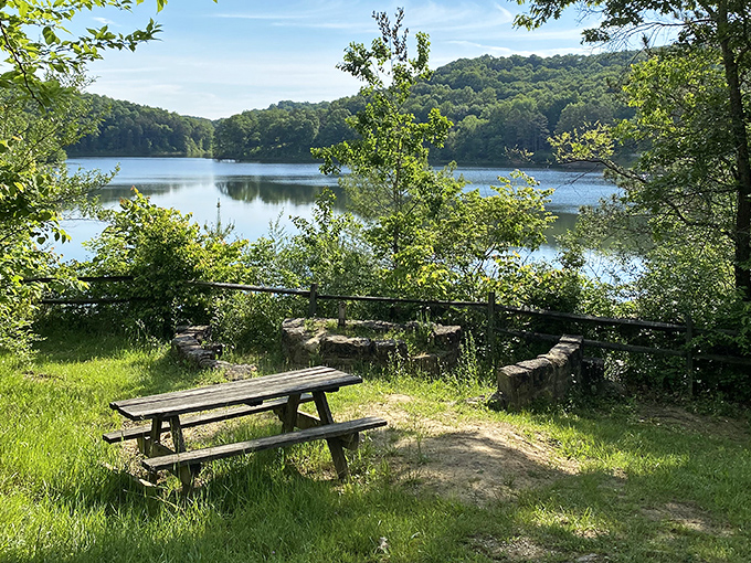 Lake Hope's pristine waters mirror the surrounding hills like nature's own high-definition television screen.
