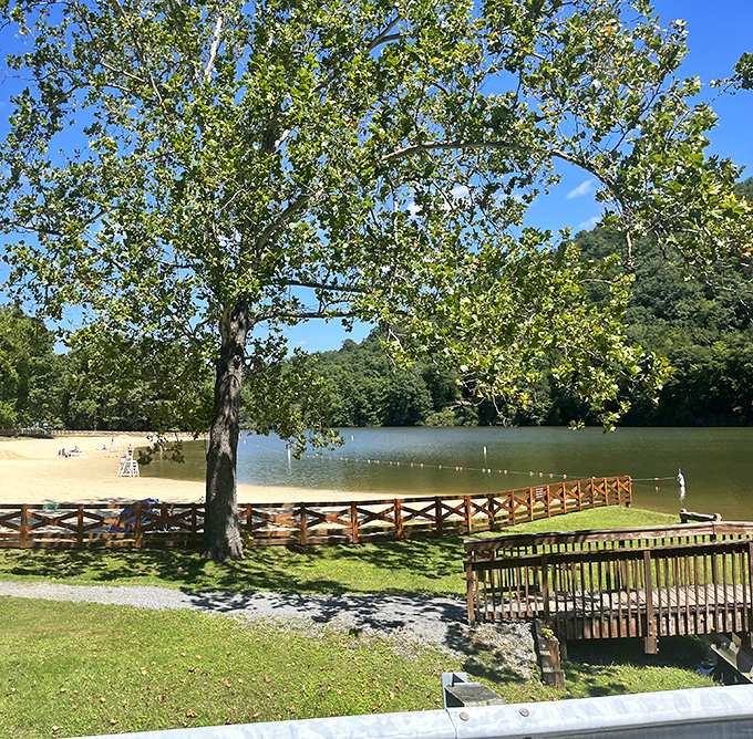 Fall foliage frames this wooden boardwalk like nature's own red carpet leading to mountain lake paradise.