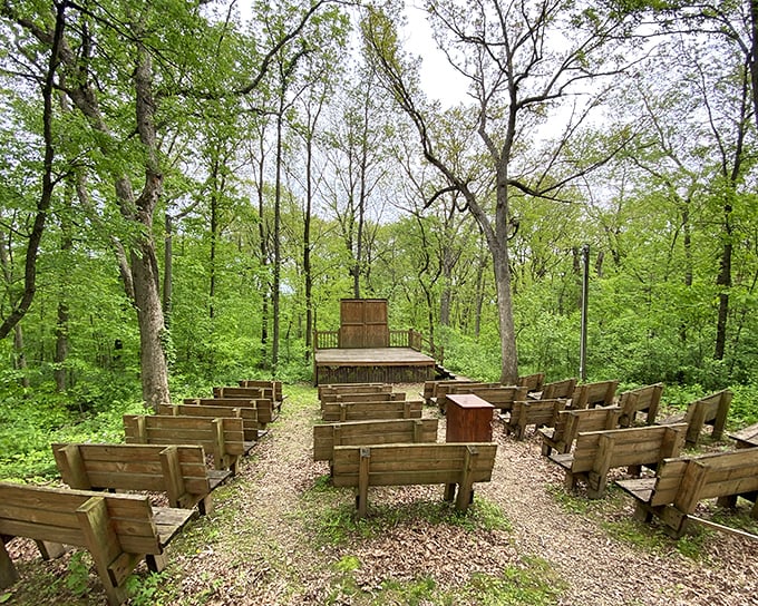 Woodland chapel vibes. This rustic outdoor gathering space proves that Mother Nature designed the most spectacular cathedral ceilings long before humans tried.