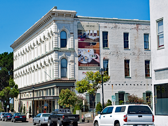 The Buhne Building stands as a testament to Eureka's prosperous past, now offering coffee, beer, and oysters instead of lumber fortunes.
