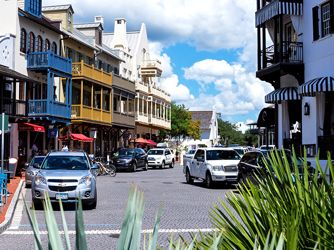 Colorful buildings line Rosemary Beach's brick-paved streets, where European charm meets Florida sunshine. No neon signs needed when architecture speaks this eloquently.
