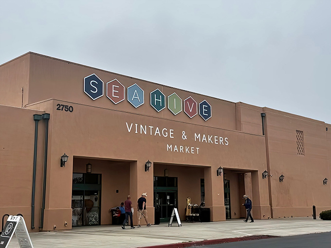 The terracotta-colored exterior of Sea Hive Station welcomes treasure hunters with its distinctive hexagonal logo and promise of vintage wonders within.