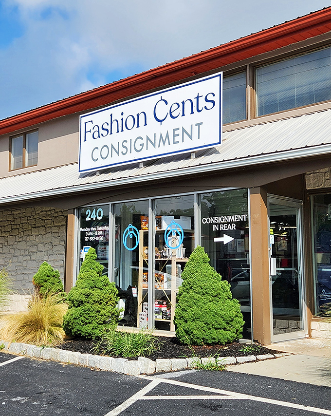 The welcoming storefront of Fashion Cents Consignment beckons bargain hunters with its clean lines and inviting entrance&mdash;Pennsylvania thrift shopping at its finest.
