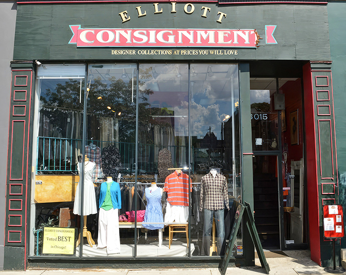 The iconic green and red storefront of Elliott Consignment beckons fashion hunters with its promise of designer treasures at prices that won't require a second mortgage.