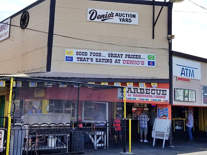 The iconic entrance to Denio's, where vibrant colored posts support not just a roof but decades of California treasure-hunting traditions.