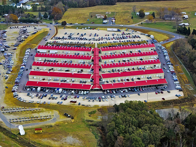 From above, Webb Road Flea Market's distinctive red-roofed buildings form a bargain hunter's paradise that's visible even to passing satellites hunting for deals.