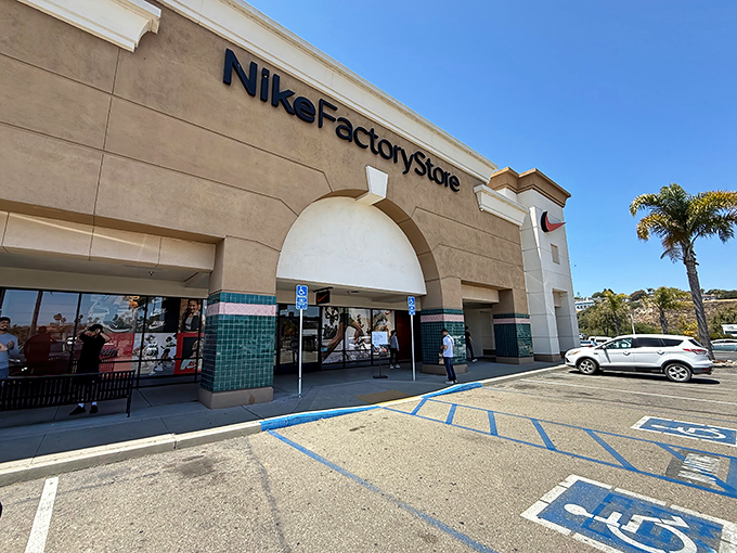A closer look at the Nike Factory Store entrance, where dreams of athletic prowess don't require a professional athlete's salary.