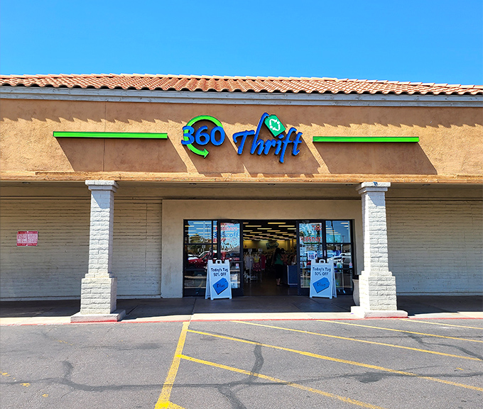 The bright blue and green signage of 360 Thrift beckons like a siren call to bargain hunters across Mesa. Treasure awaits!