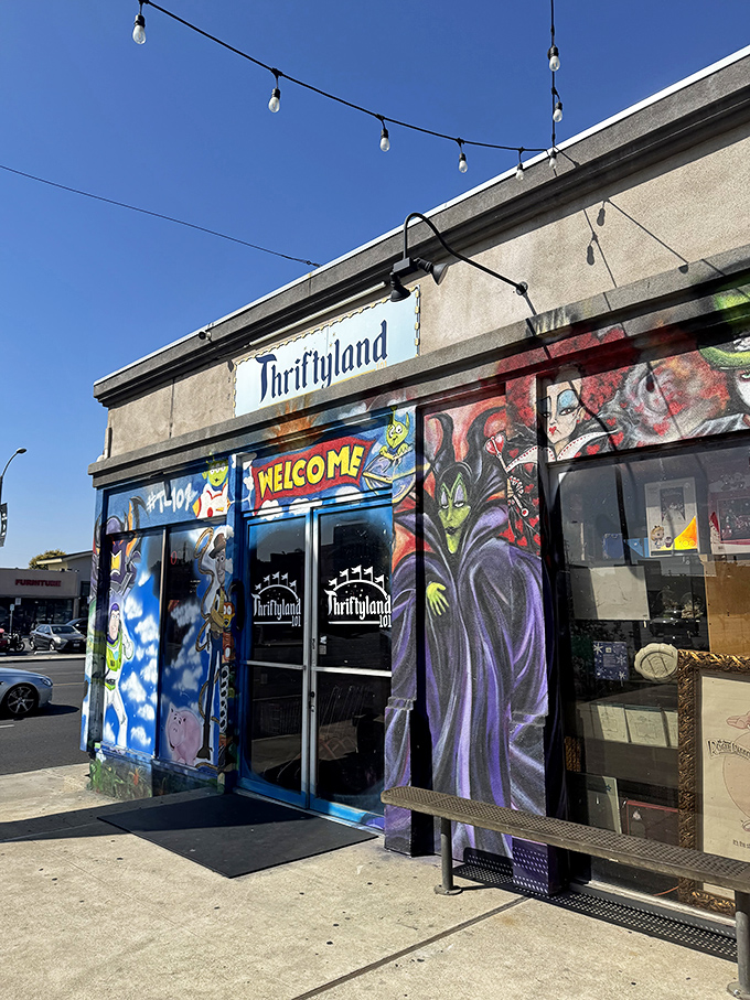 Disney villains guard the entrance like colorful sentinels, welcoming bargain hunters to their magical kingdom of secondhand treasures.