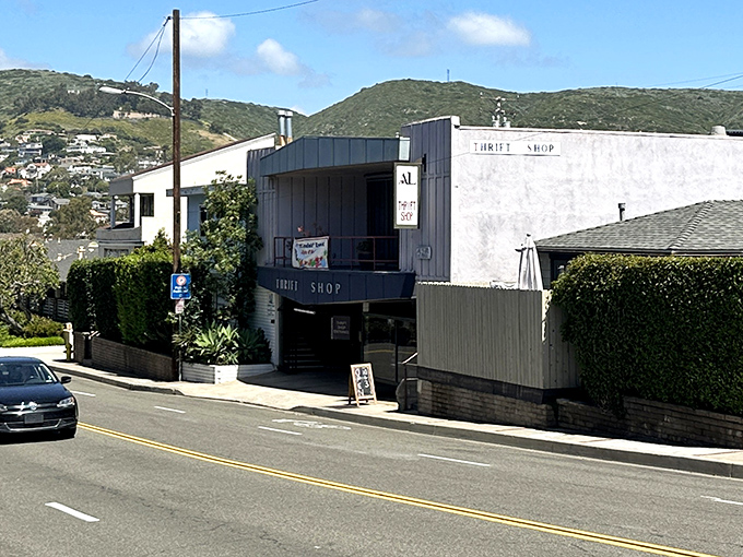 Nestled along a sunny California street, this unassuming mid-century building proudly hosts a charming thrift shop — a hidden gem where secondhand treasures await behind its understated ‘THRIFT SHOP’ sign.