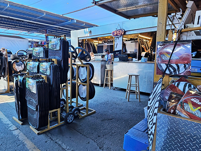 Treasure hunting begins at this vendor's stall, where automotive accessories and colorful steering wheel covers await their next adventure on Arizona highways.