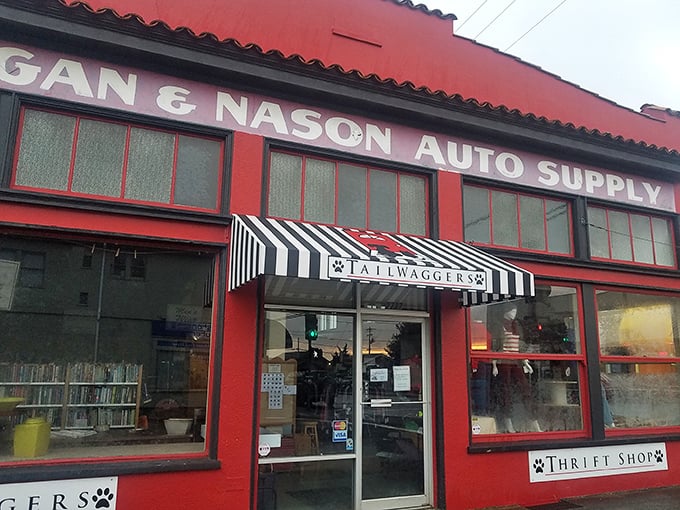 The iconic red exterior of Tailwaggers stands out like a beacon of bargain hope against Eureka's often gray skies.