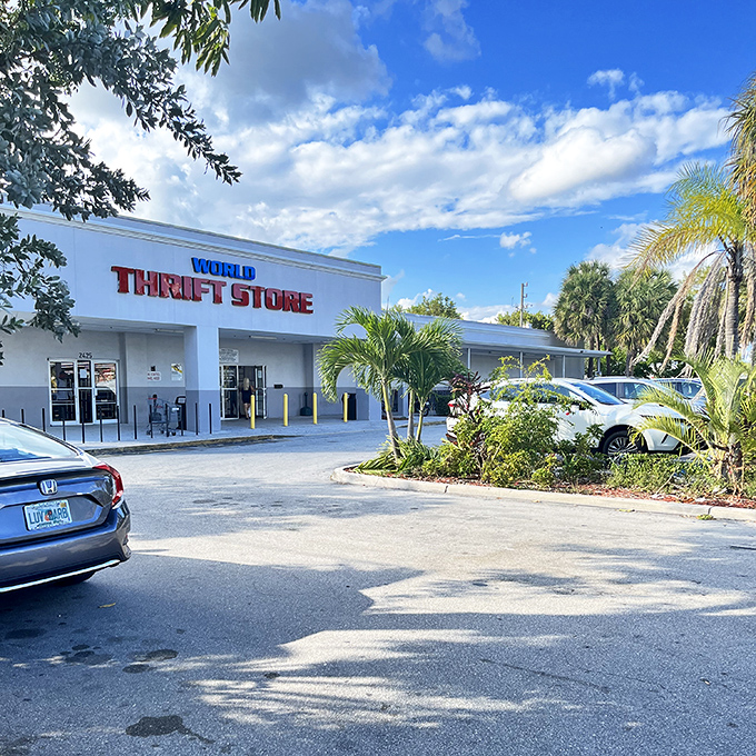 The bold red and blue signage of World Thrift stands like a beacon for bargain hunters against Florida's impossibly blue sky.