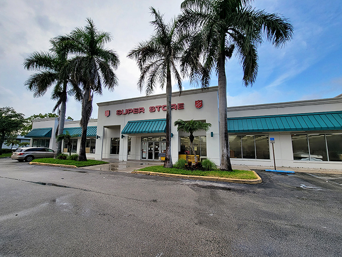 Palm trees stand guard outside this treasure trove like tropical bouncers at Florida's most exclusive secondhand club. The turquoise awnings practically wink at passersby.