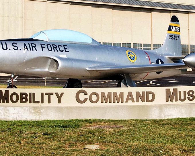 The sleek T-33 Shooting Star welcomes visitors outside the Air Mobility Command Museum, like a metallic ma&icirc;tre d' inviting you to the feast of aviation history within.