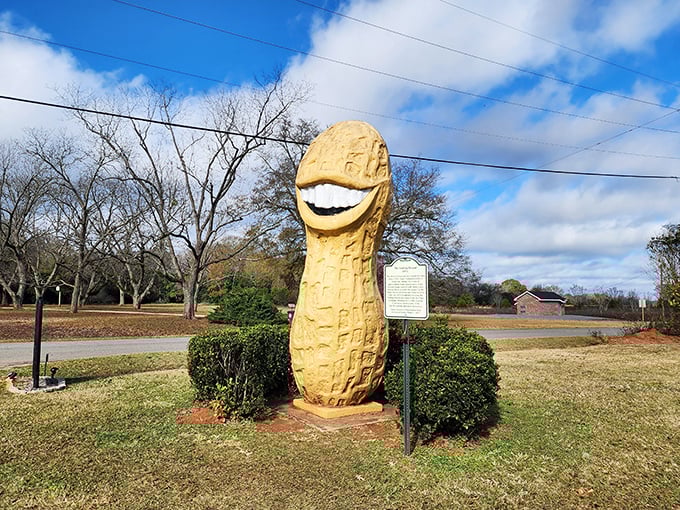 The world's most cheerful legume stands proudly against the Georgia sky, greeting visitors with a smile that could brighten even the cloudiest day.