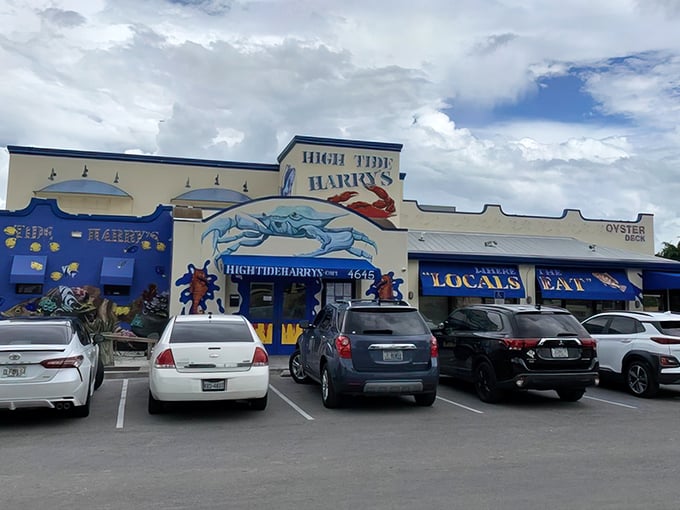 The blue facade of High Tide Harry's proudly announces "WHERE LOCALS EAT" &ndash; the Florida equivalent of a Michelin star and the first clue you've found seafood gold.
