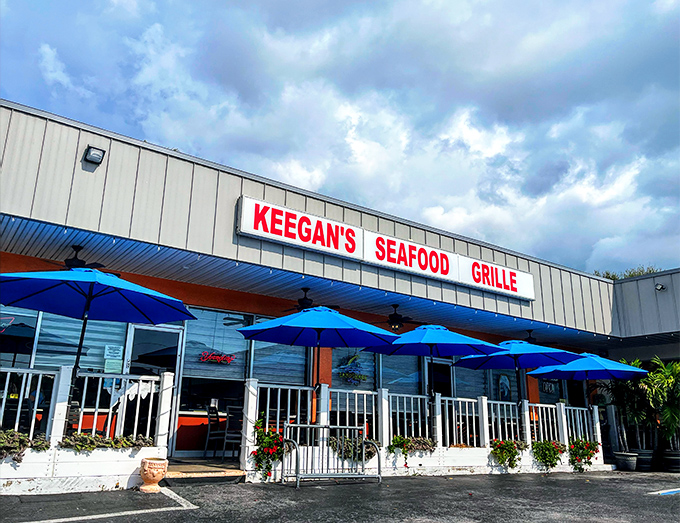 The bright red lettering of Keegan's against the Florida sky is like a beacon for hungry seafood lovers. Those blue umbrellas practically whisper "come sit a while." 