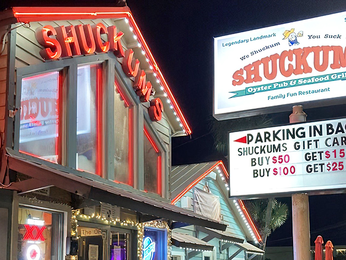 The weathered exterior of Shuckums screams "authentic seafood joint" louder than a seagull eyeing your french fries. This is Florida's coastal charm personified.