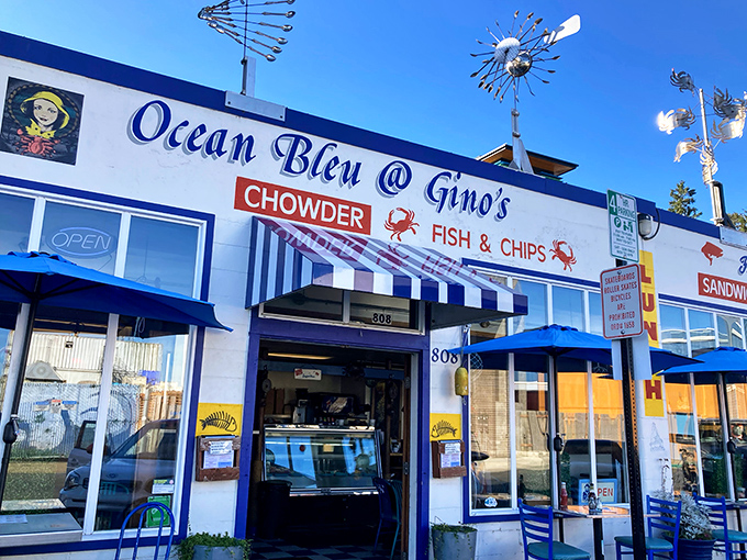 The blue-and-white fa&ccedil;ade of Ocean Bleu at Gino's promises seafood nirvana with all the subtlety of a foghorn &ndash; CHOWDER and FISH & CHIPS in bold red letters isn't just signage, it's a declaration of delicious intent.