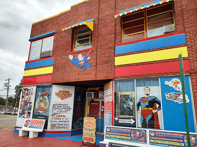 Primary colors pop against the brick building, announcing to visitors they've arrived at Superman's official hometown museum in Metropolis.