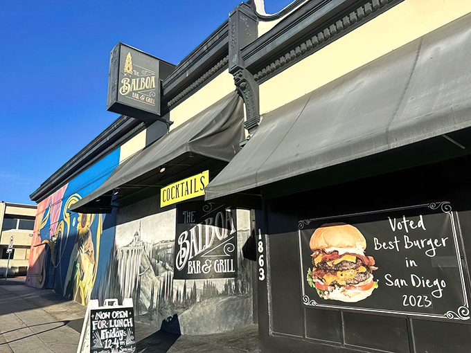 A mural of Balboa Park graces the entrance, setting the San Diego scene before you've even stepped inside for burger nirvana.