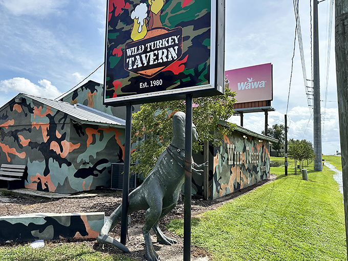 The camouflage exterior isn't hiding from anyone – this bold roadside gem in Avon Park announces itself with unmistakable hunting-lodge flair.