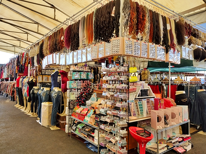 A treasure hunter's paradise where hair extensions hang like exotic vines above a wonderland of accessories. Retail therapy at its most adventurous!