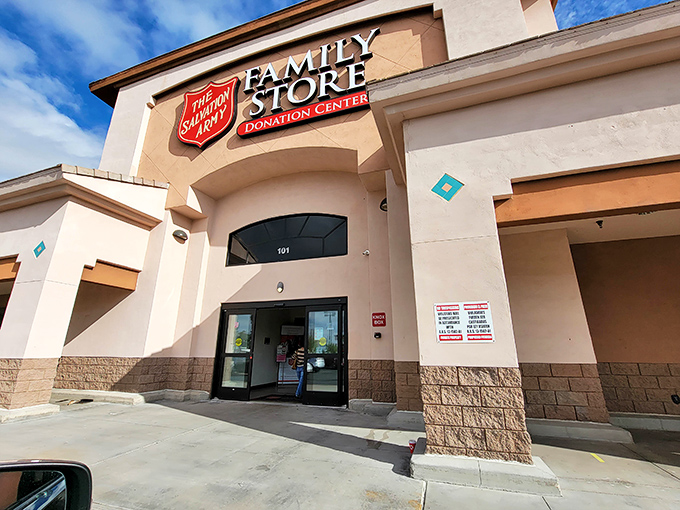 Morning light bathes the entrance, where savvy shoppers arrive early to snag the best deals before they disappear.