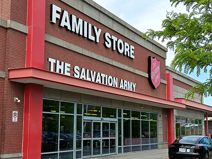 The iconic red-trimmed facade of the Salvation Army Family Store on Clybourn Avenue stands ready to welcome bargain hunters and treasure seekers alike.