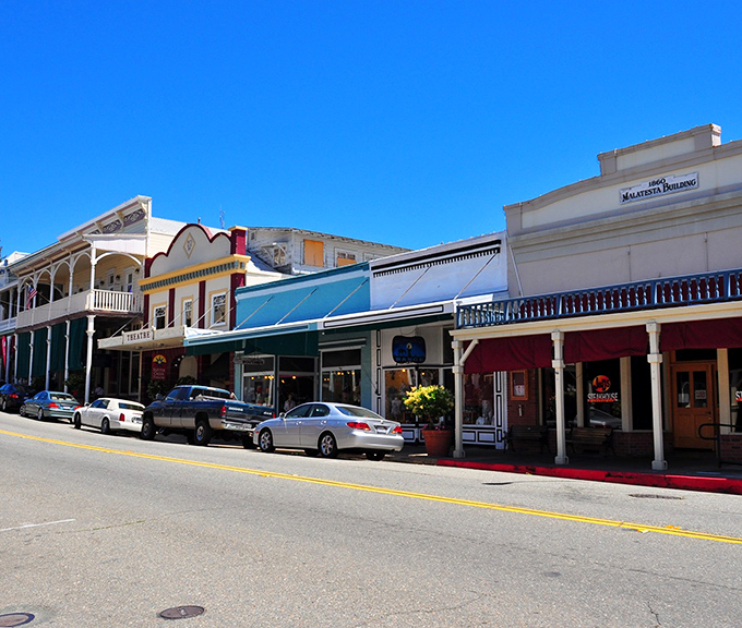 Colorful storefronts and preserved facades line Main Street in Sutter Creek, where Gold Rush history meets small-town charm.