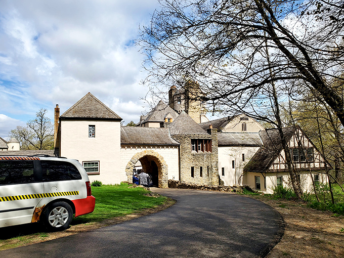 Stronghold Castle's blend of Tudor and medieval architecture creates a storybook silhouette against the Illinois sky, transporting visitors to another era entirely.