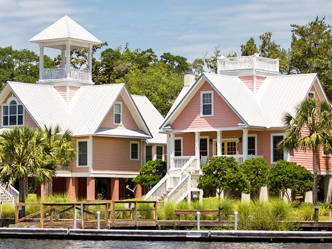 Waterfront living gets a colorful upgrade with these pastel-painted homes that look like a beach town fairy tale.