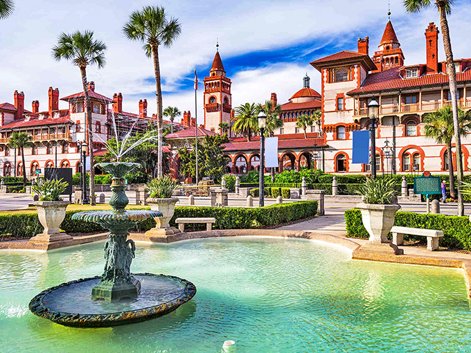 The iconic Flagler College, once the luxurious Ponce de Le&oacute;n Hotel, stands as a testament to Gilded Age opulence with its stunning fountains and architecture.