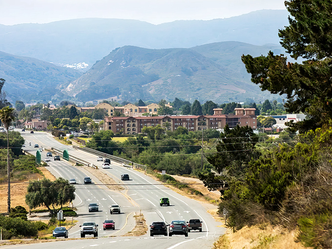 Downtown Lompoc stretches toward the horizon, where California small-town charm meets big sky country. Those mountains aren't just for show—they're nature's air conditioning.