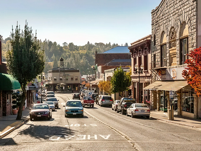 Downtown Placerville's gentle curve invites exploration, with buildings that have witnessed more history than a Ken Burns documentary. The Bell Tower stands sentinel in the distance.