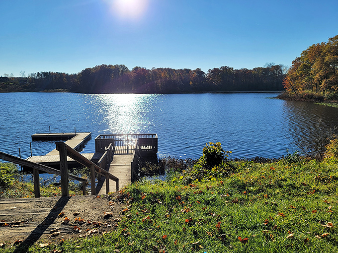 Sunshine dancing on water, a wooden dock inviting adventure &ndash; this isn't a postcard, it's Tuesday at Punderson Lake.