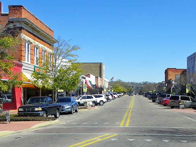 Downtown Prattville welcomes visitors with its classic Main Street charm, where historic brick buildings house local businesses under endless Alabama blue skies.