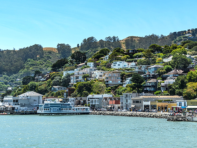 Homes cascade down Sausalito's hillsides in a game of architectural one-upmanship, each vying for the best view of San Francisco's skyline across the glittering bay.