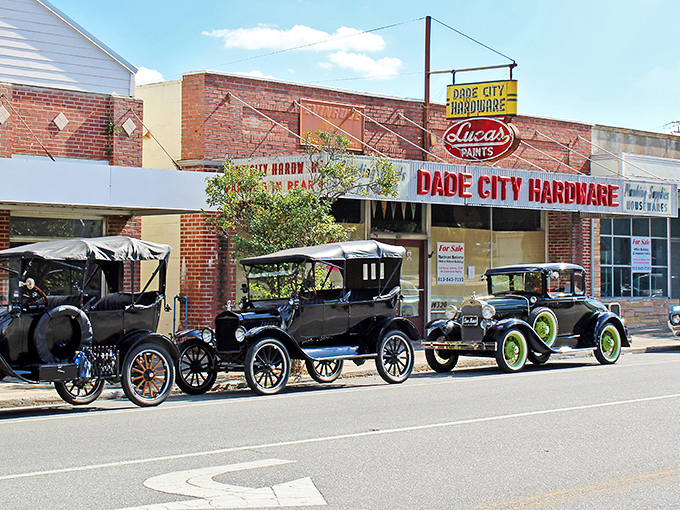 Classic cars line up outside Dade City Hardware, where time seems to stand still and vintage Fords remind us that some treasures improve with age.