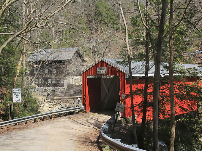 The perfect pairing: McConnell's Mill's weathered stone walls stand sentinel beside the vibrant red covered bridge, like Pennsylvania's version of peanut butter and jelly.