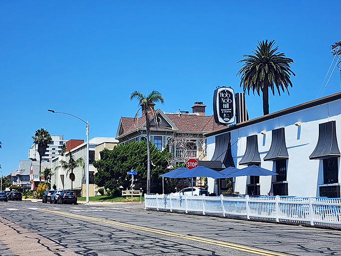 This charming blue-striped facade whispers promises of breakfast bliss that'll make your morning worthwhile.