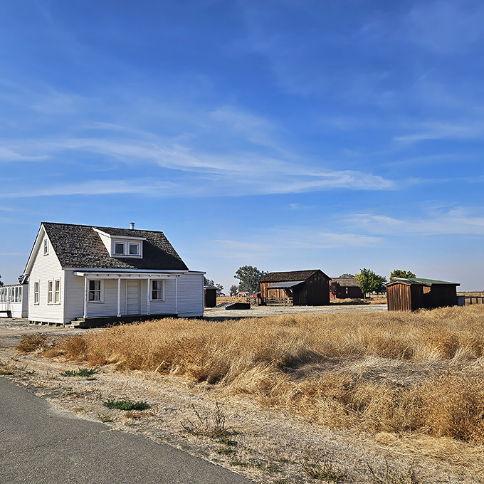 White clapboard buildings stand sentinel against the vast Central Valley sky, telling a story of ambition, hope, and determination in California's historic African American township.