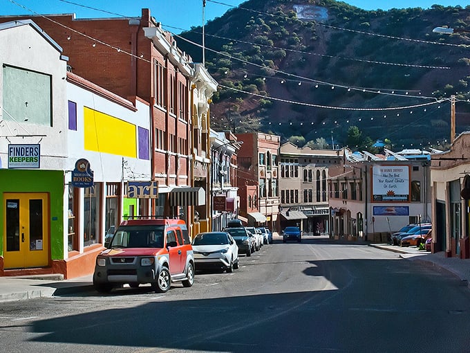 Bisbee's streets wind through the canyon, with buildings in every hue imaginable. The mountains provide a dramatic backdrop to this artistic enclave.