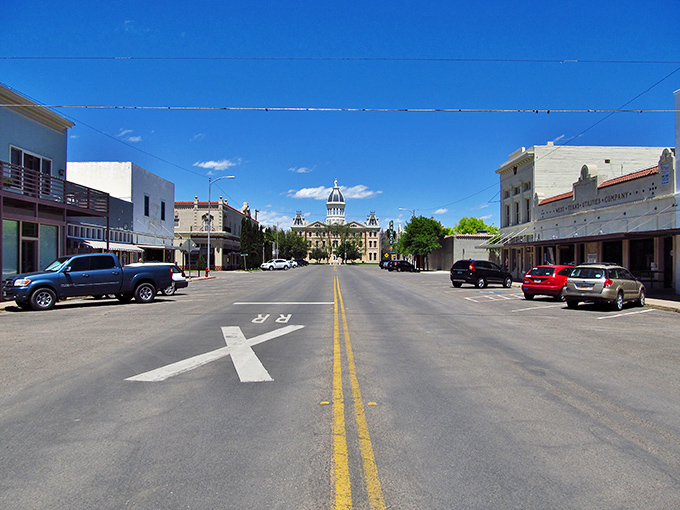 Downtown Marfa, where the courthouse stands like a Victorian grande dame supervising the town's quirky evolution.
