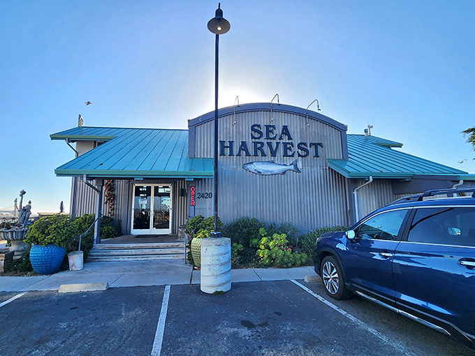 The corrugated metal exterior of Sea Harvest stands like a beacon of seafood salvation along California's central coast.