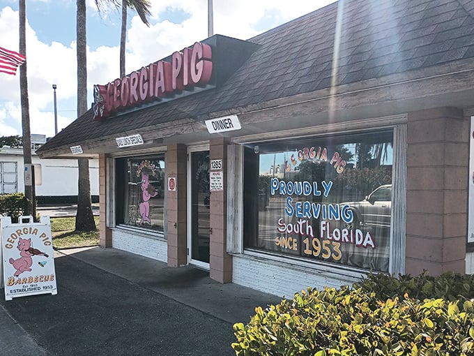 The iconic Georgia Pig sign has been beckoning hungry travelers since 1953. Some landmarks need neon and flash&mdash;this one just needs smoke signals.