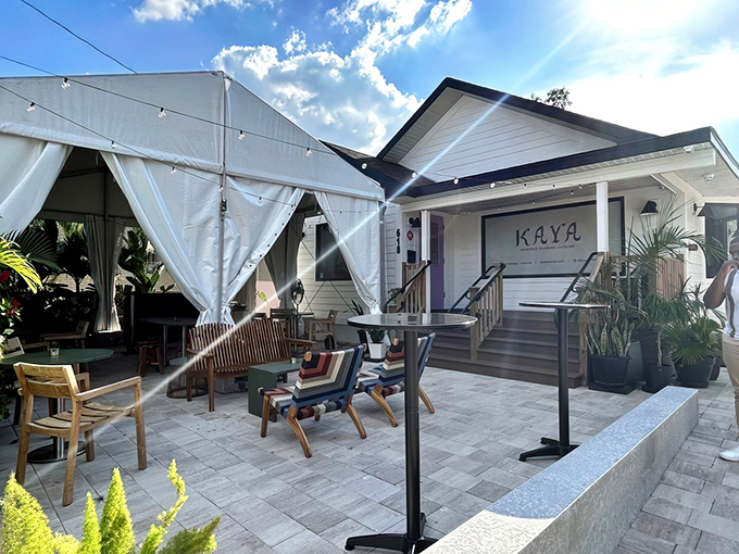 "Part bungalow, part culinary oasis – Kaya's outdoor seating area feels like the backyard party you never want to leave, string lights included."