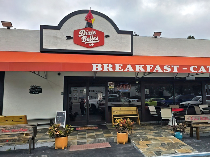 A second glance at Dixie Belle's welcoming exterior, complete with cozy bench seating. The kind of place where calories don't count and diet plans go to die happily.